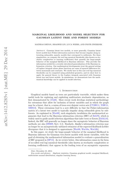 Pdf Marginal Likelihood And Model Selection For Gaussian Latent Tree
