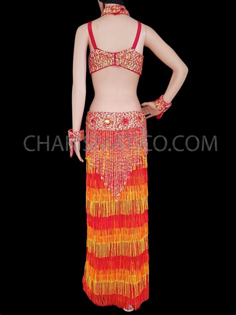 Aesthetically Pleasing Belly Dancing Costume In Orange And Red Sequin Work