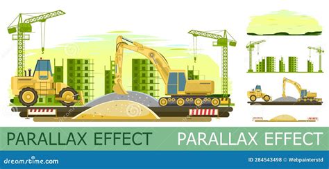 Construction Of Microdistrict Of City Tractors And Excavators Set Of Slides Create Parallax