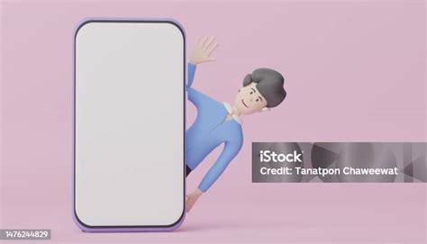 3d 렌더링 흰색 티셔츠 청바지 검은색 운동화를 신은 남성의 캐릭터 빈 전화기를 들고 서 있는 사업가 모형 및 웹 배너에 대한 장면입니다 웃고 있는 똑똑한 사람들의 초상화