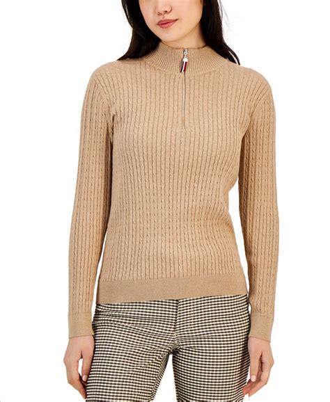 Tommy Hilfiger Womens Cotton Mock Turtleneck Cable Knit Sweater