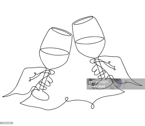 Hand Drawn Hands Hold Wine Clinking Glasses One Line Art Continuous