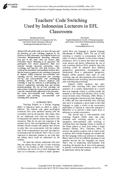 Pdf Teachers Code Switching Used By Indonesian Lecturers In Efl