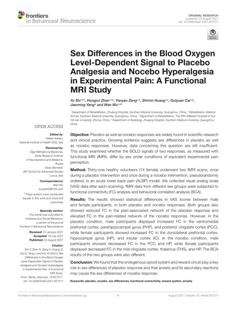 PDF Sex Differences In The Blood Oxygen Level Dependent Signal To Placebo Analgesia And Nocebo