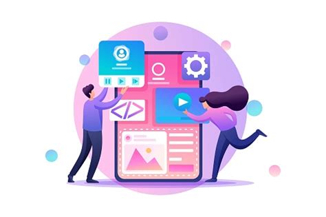 젊은 이들은 모바일 응용 프로그램 디자인 웹 사이트 페이지 개발에 종사하고 있습니다 플랫 2d 문자입니다 웹 디자인에 대한 개념 개발에 대한 스톡 벡터 아트 및 기타 이미지