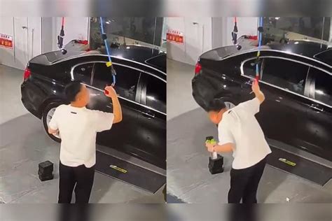 是个狠人男子在洗车店突然用高压水枪洗牙齿冲了一下后被吓懵 有颜有趣 水枪 洗车店 牙齿