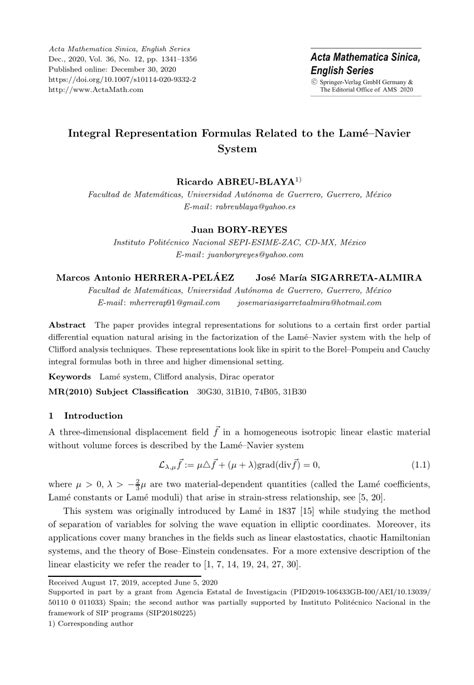 Pdf Integral Representation Formulas Related To The Lame Navier System