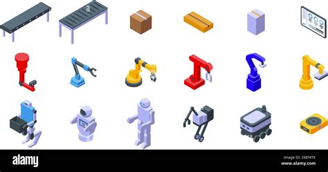 Robot Conveyor Belt Icons Set Robot Manufacturing Process With