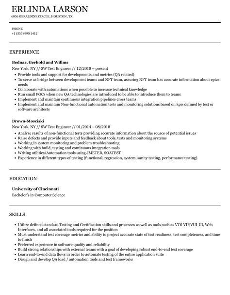 Sw Test Engineer Resume Samples Velvet Jobs