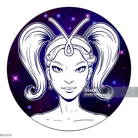 에이 지 조디악 로그인 작품 아름 다운 소녀 얼굴 별자리 기호 스타 기호 벡터 일러스트 레이 션 다중 색상에 대한 스톡 벡터