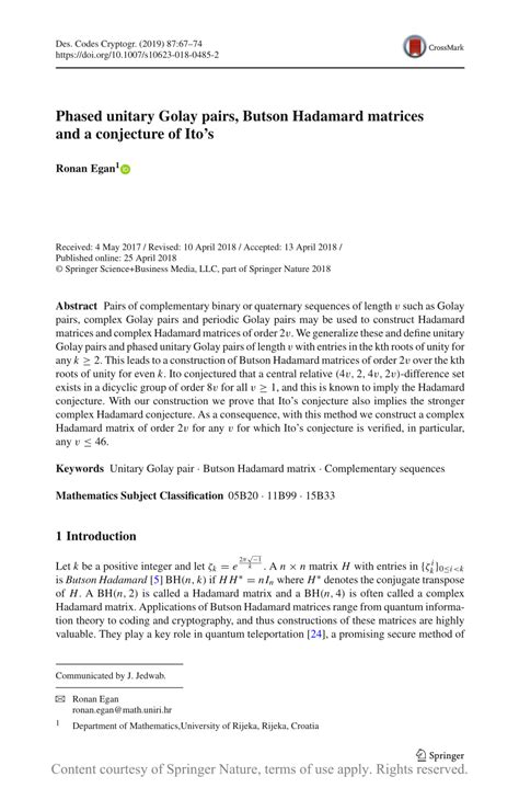 Phased Unitary Golay Pairs Butson Hadamard Matrices And A Conjecture