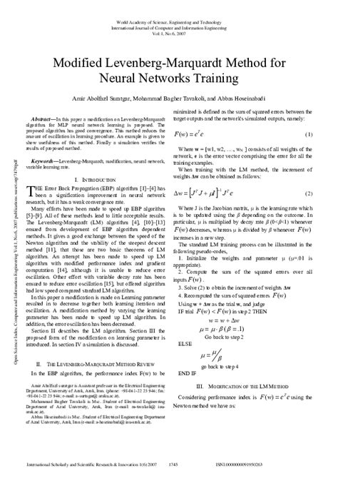 Pdf Modified Levenberg Marquardt Method For Neural Networks Training