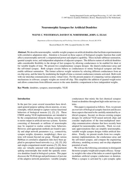 Pdf Neuromorphic Synapses For Artificial Dendrites