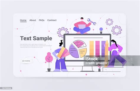 사용자 인터페이스에서 함께 작업하는 금융 컴퓨터 응용 프로그램 디자이너를 구축하는 개발자 가공의 인물에 대한 스톡 벡터 아트 및