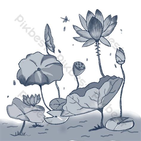 수묵 연꽃 연잎 무료 Png 요소 일러스트 Png Psd 무료 다운로드 Pikbest