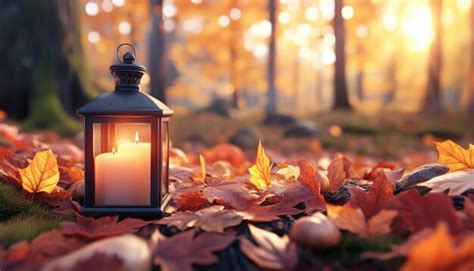 A Single Lantern Glows In The Autumn Forest Illuminating A Bed Of