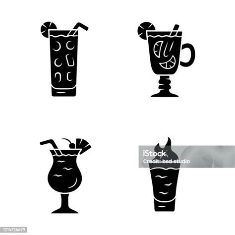음료 문말 아이콘 세트 하이볼 유리 칵테일 핫 토디 피나 콜라다 불타는 샷 알코올 믹스와 청량 음료 음료 실루엣 기호입니다 벡터 절연 그림 벡터에 대한 스톡 벡터 아트 및