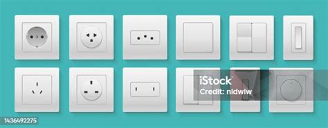 현실적인 상세한 3d 플라스틱 벽 스위치 및 전원 전기 소켓 세트 벡터 콘센트에 대한 스톡 벡터 아트 및 기타 이미지 콘센트 3차원 형태 켰다 끄기 Istock