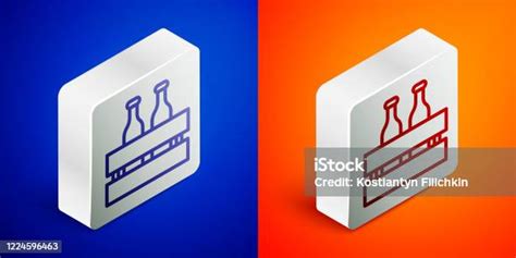 파란색과 주황색 배경에 분리 된 맥주 병 아이콘의 등각 측정 라인 팩 나무 상자와 맥주 병 케이스 상자 맥주 상자 기호입니다