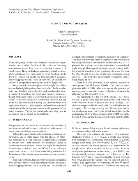 Pdf Special Topics On Simulation Analysis To Batch Or Not To Batch