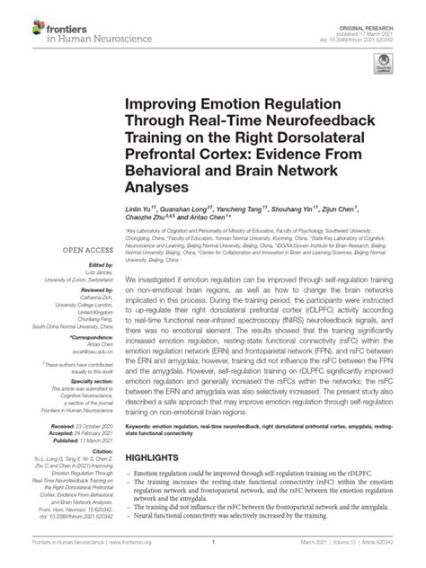 Improving Emotion Regulation Through Real Time Neurofeedback Training On The Right Dorsolateral