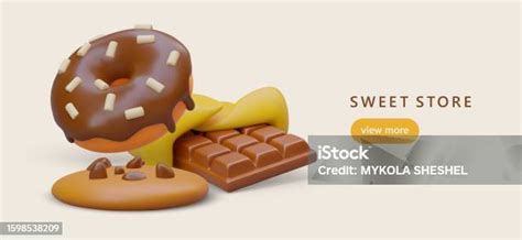 과자 가게의 수평 광고 배너입니다 사실적인 쿠키 도넛 초콜릿 바 3차원 형태에 대한 스톡 벡터 아트 및 기타 이미지 3차원 형태 갈색 귀여운 Istock