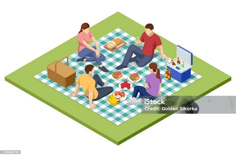 다양한 고기와 야채를 화염으로 요리하는 그릴을 특징으로 하는 아이소 메트릭 Bbq 장면 야외 바베큐는 모임과 캐주얼한 여름 요리에 적합합니다 수영장 옆에서 바베큐 파티