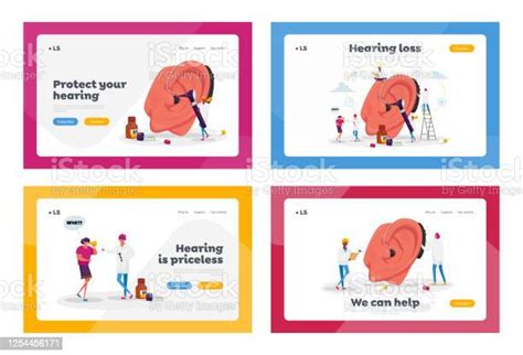 청각 장애 방문 페이지 템플릿 세트 귀 치료를 위해 의사 청각 학자를 방문하는 문제를 듣는 청각 장애인 보청기사용으로 거대한 귀 주변의 작은 캐릭터 만화 벡터 일러스트레이션