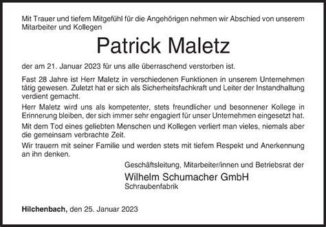 Traueranzeigen Von Patrick Maletz 57trauerde