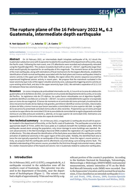 Pdf The Rupture Plane Of The February 2022 Mw 62 Guatemala