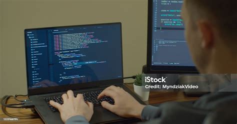 Closeup Coding On Screen Man Hands Coding Html And Programming On