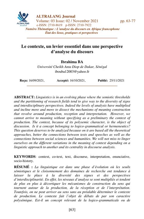 Pdf Le Contexte Un Levier Essentiel Dans Une Perspective Danalyse