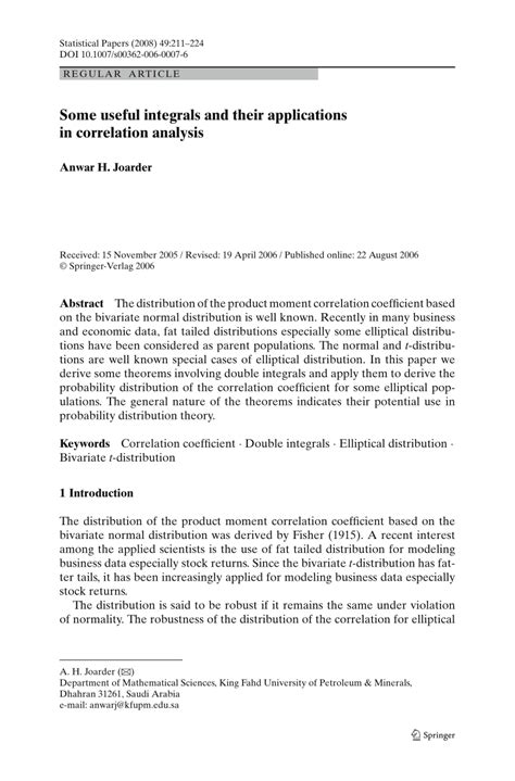 Pdf Some Useful Integrals And Their Applications In Correlation Analysis