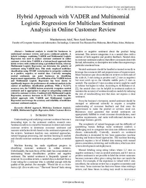 Pdf Hybrid Approach With Vader And Multinomial Logistic Regression For Multiclass Sentiment
