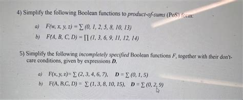 Solved Simplify The Following Boolean Functions To