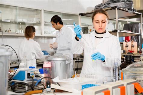 Female Babe Performing Experiments In University Laboratory Using Mechanical Lab Pipette For