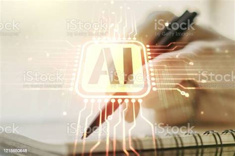 배경에 메모장에 여성의 손으로 쓰기와 창조적 인 인공 지능 약어의 이중 노출 미래 기술 및 Ai 개념 여자에 대한 스톡 사진 및 기타 이미지 Istock