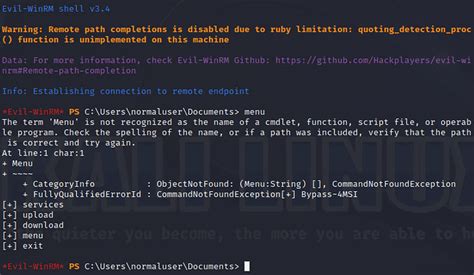evil winrm menu command does not work off topic hack the box forums