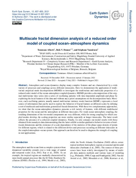 Pdf Multiscale Fractal Dimension Analysis Of A Reduced Order Model Of Coupled Ocean Atmosphere