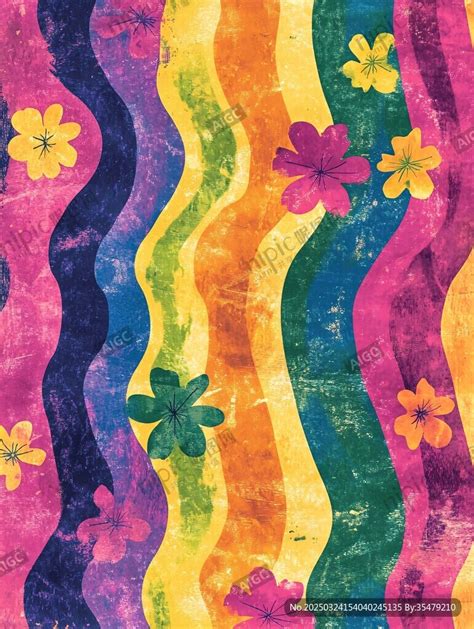 Ai创作图彩色 波纹 花朵 图案 背景 条纹 花卉 装饰 色彩 绚丽 柔美 纹理 多彩 烂漫 复古 昵图网
