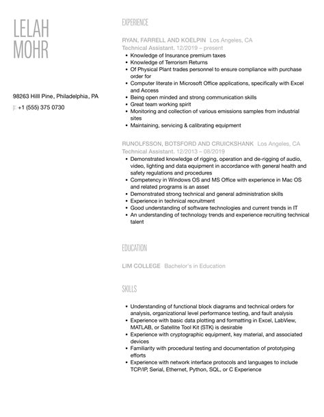 Technical Assistant Resume Samples Velvet Jobs