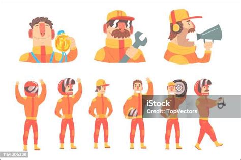 드라이버와 피트 스톱 기술자 팀 만화 캐릭터를 포함하여 오렌지 유니폼레이싱 팀 원 기계공에 대한 스톡 벡터 아트 및 기타 이미지 기계공 기술자 남자 Istock