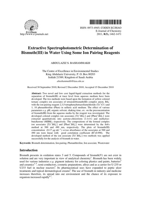 Pdf Extractive Spectrophotometric Determination Of Bismuth Iii In Water Using Some Ion