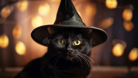 A Cute Halloween Witches Black Cat Wearing A Witch Hat Generative