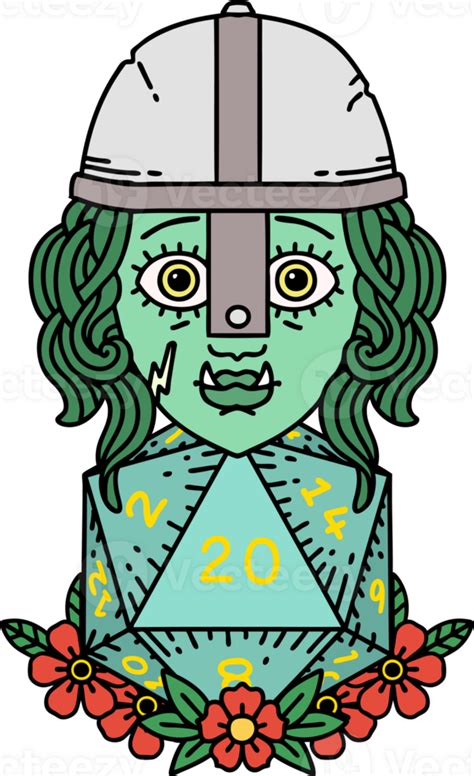 Retro Tattoo Style Half Orc Fighter Character With Natural Twenty Dice