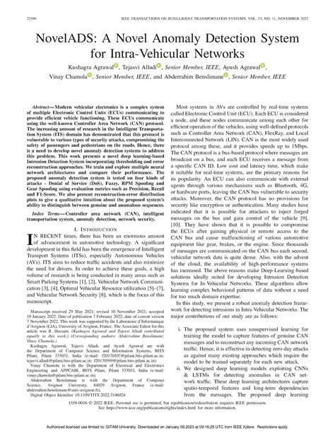 Novel ADS A Novel Anomaly Detection System For Intra Vehicular Networks IEEE