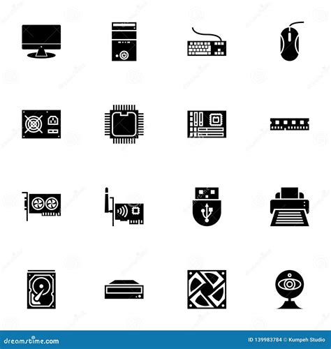 Computer Hardware Icons Set Glyph Or Solid Style Vector Illustration Stock Vector Illustration