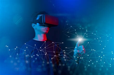 메타버스 기술 개념 가상 현실 안경을 착용하면 가상 다각형 점이 닿습니다 다각형 선과 점이 있는 추상적인 배경 기하학 연결 삼각형 구조 가상현실에 대한 스톡 사진 및 기타