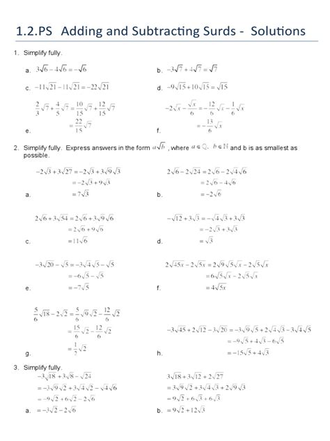 1 02 Ps Adding And Subtracting Surds Soln Pdf
