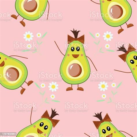 재미있는 아기 아보카도의 매끄러운 패턴 분홍색 배경에 활과 흰색 데이지와 쾌활한 작은 아보카도 세련된 직물 어린이 디자인 장식배경 벡터 이미지입니다 건강한 식생활에 대한